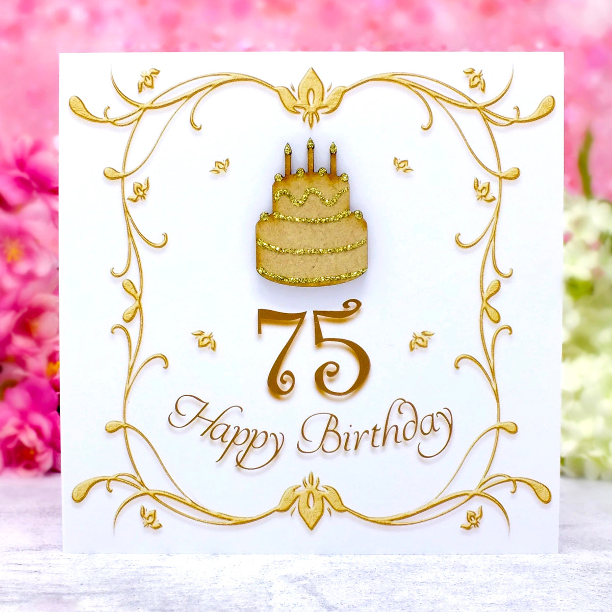 Handmade 75th Birthday Card with Wooden Birthday Cake – Bright Heart Design