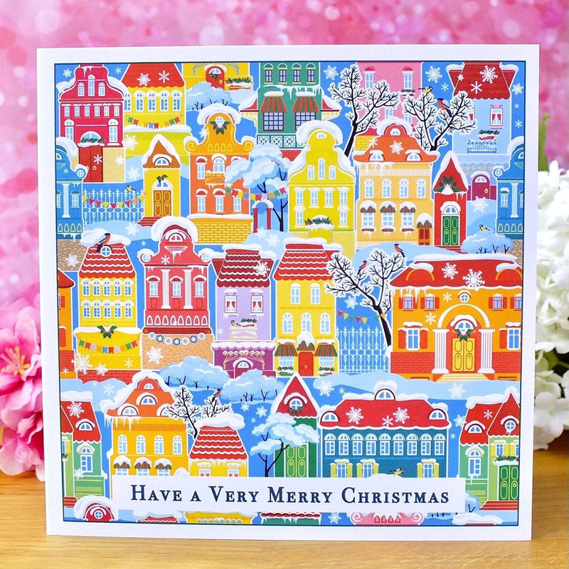 4 Colourful Christmas Cards | Snowy Town Houses | Bright Heart Design
